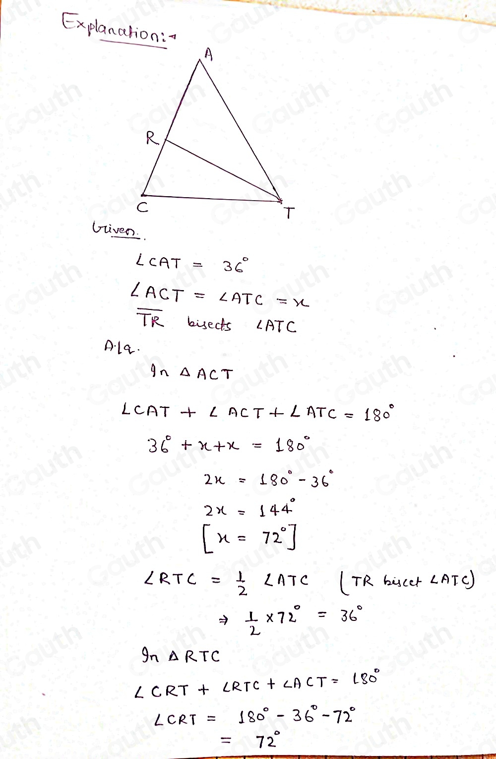 Solved: and ∠ CAT=36°,if overline TR bisects ∠ ATC , then ∠ CRT= In ...
