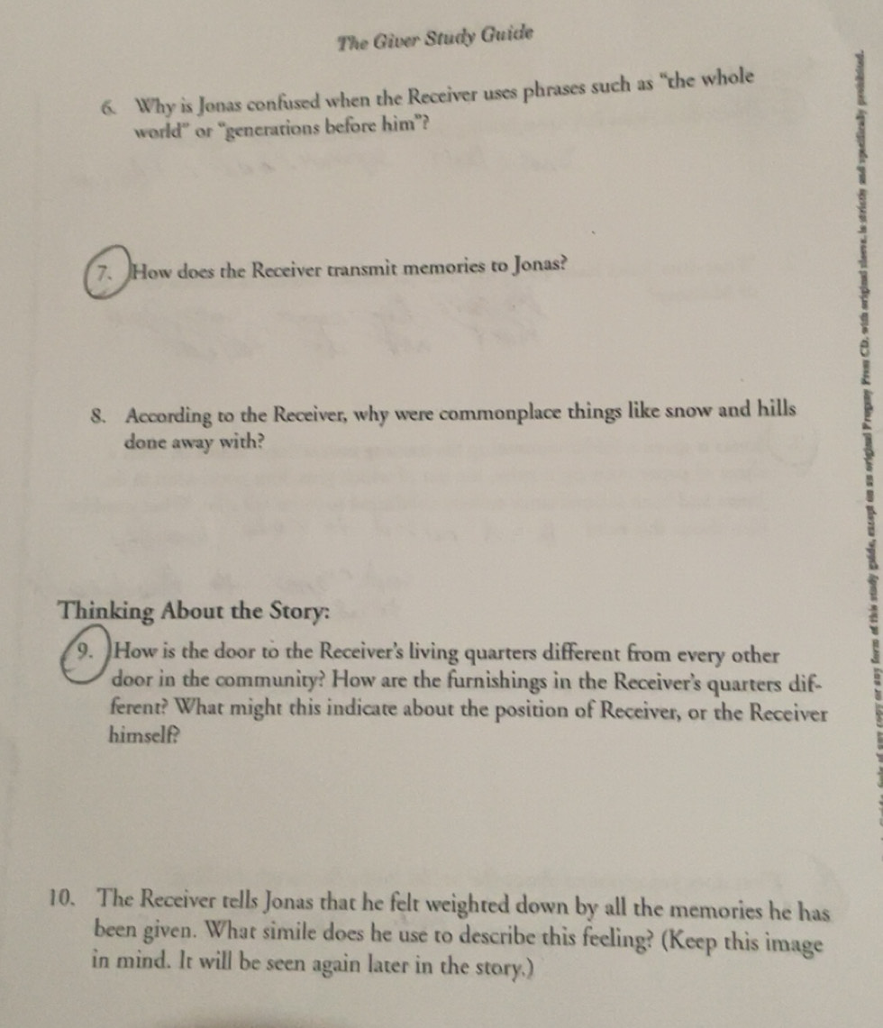 Solved: The Giver Study Guide 6. Why is Jonas confused when the ...