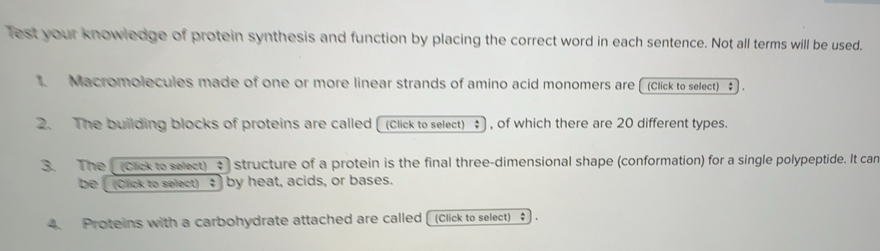 Solved: Test your knowledge of protein synthesis and function by ... Solved: Test your knowledge of protein synthesis and function by ...