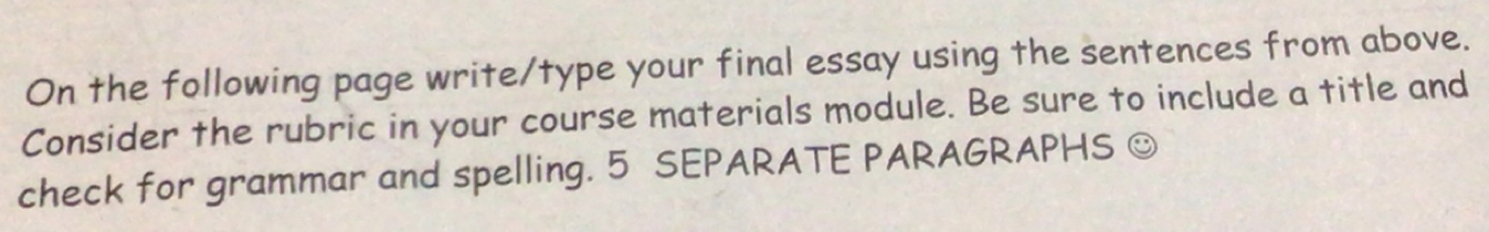 Solved: On the following page write/type your final essay using the ...