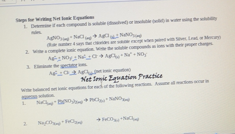 Solved: Steps for Writing Net Ionic Equations 1. Determine if each ...