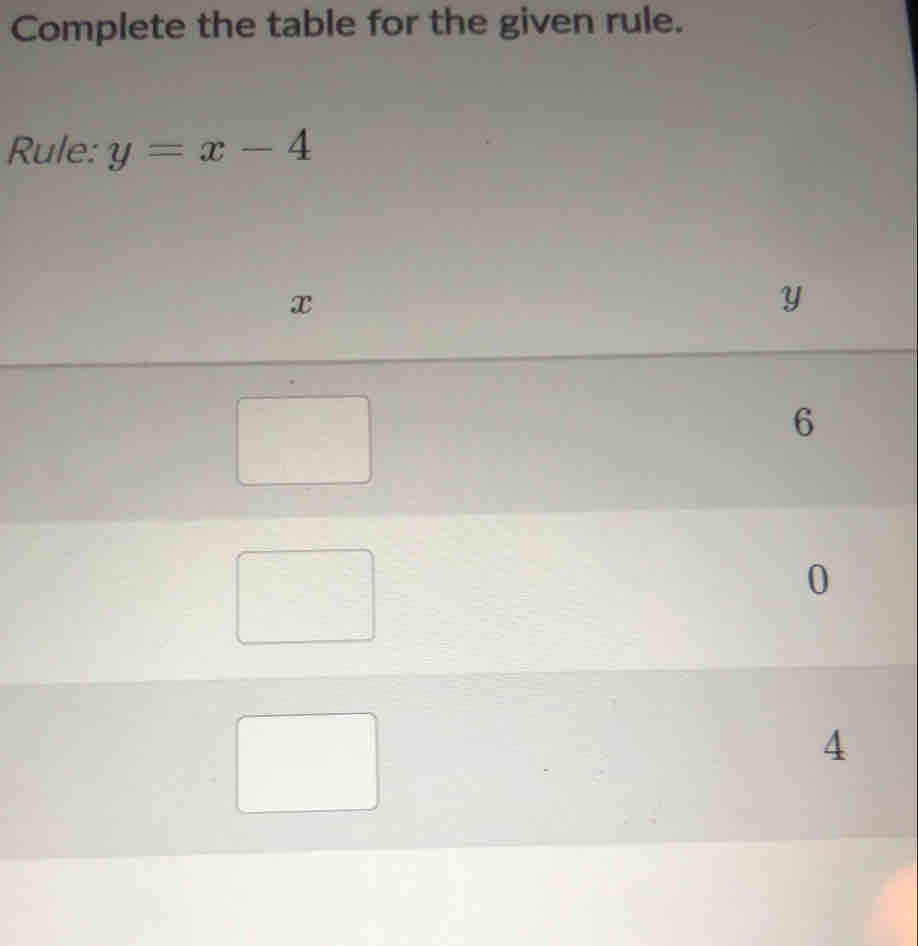 Solved: Complete the table for the given rule. Rule: y=x-4 x y 6 4 [Math]