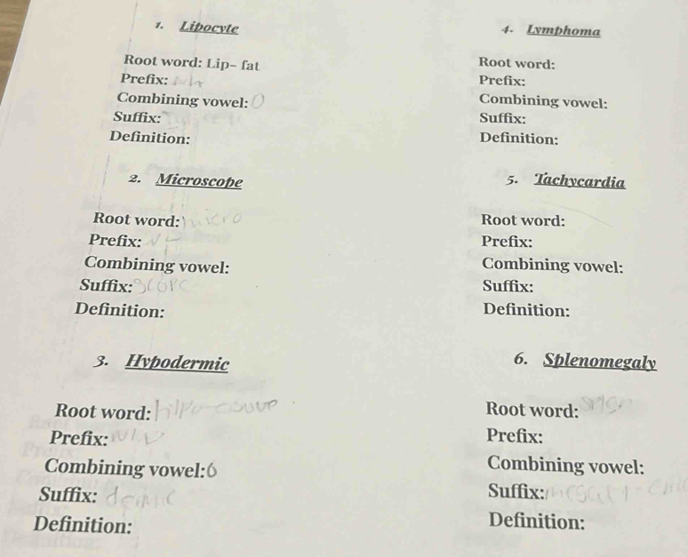 Solved: Libocyte 4. Lymphoma Root word: Lip- fat Root word: Prefix: Prefix: Combining vowel ...