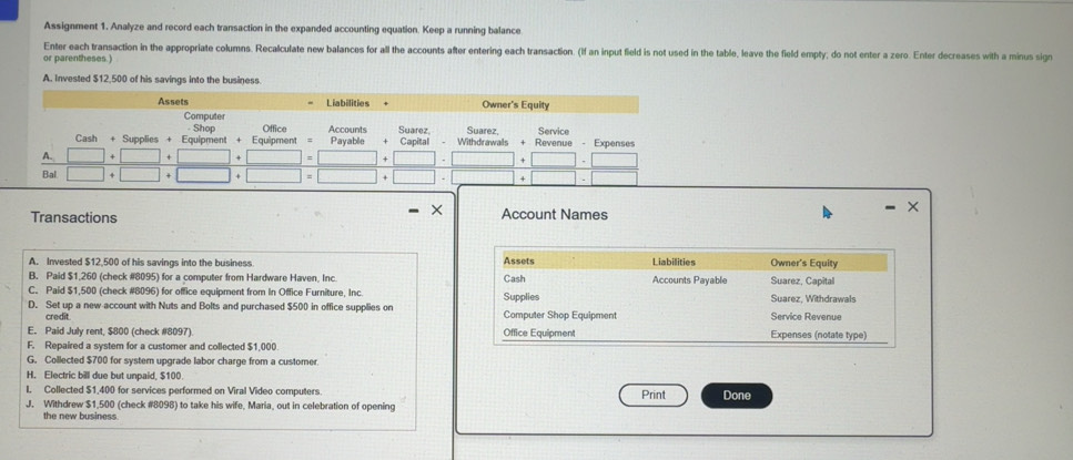 Solved: Assignment 1. Analyze and record each transaction in the ...