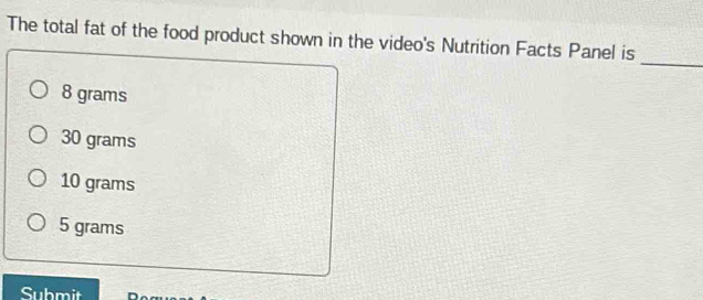 Solved: The total fat of the food product shown in the video's ...