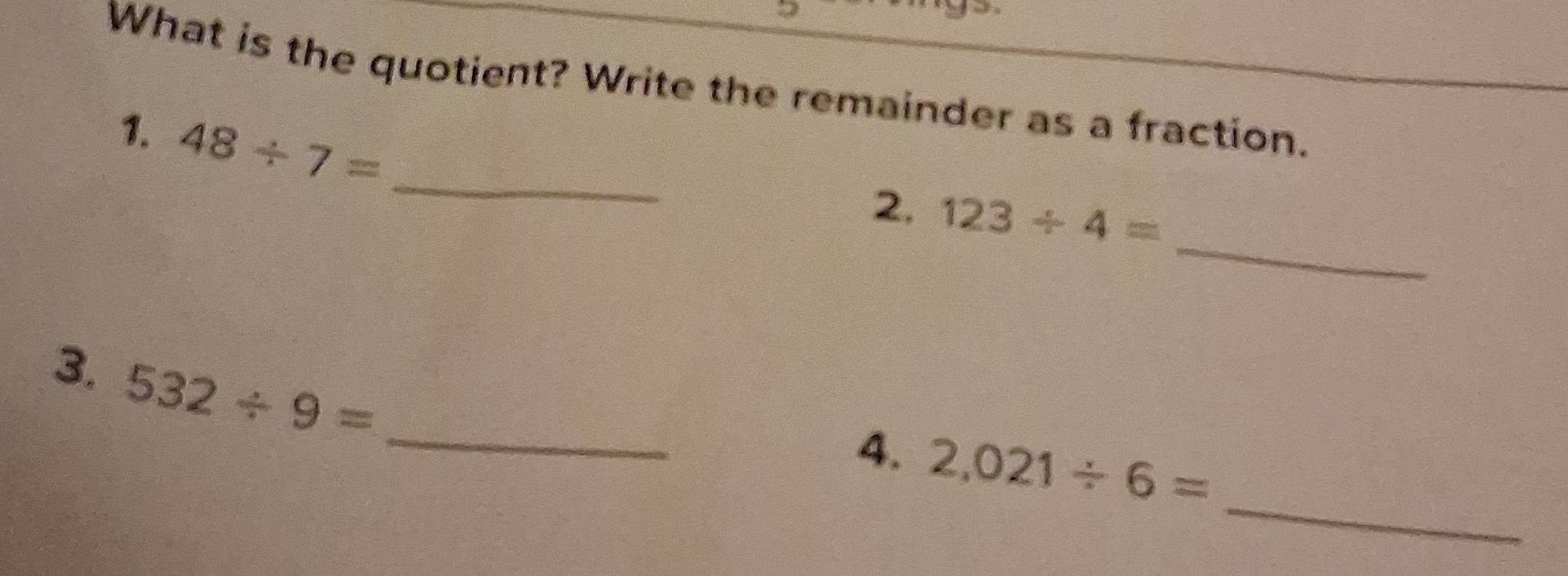 Solved: What is the quotient? Write the remainder as a fraction. 1. 48/ ...