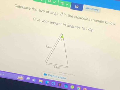 Solved: 1C 1D 18 Summary Calculate the size of angle θ in the isosceles ...