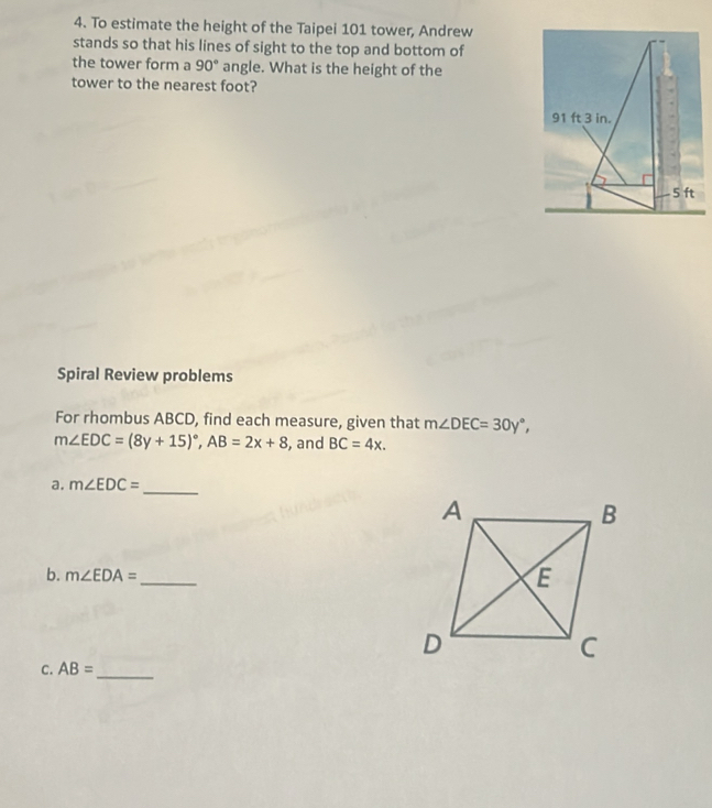 Solved: To estimate the height of the Taipei 101 tower, Andrew stands ...