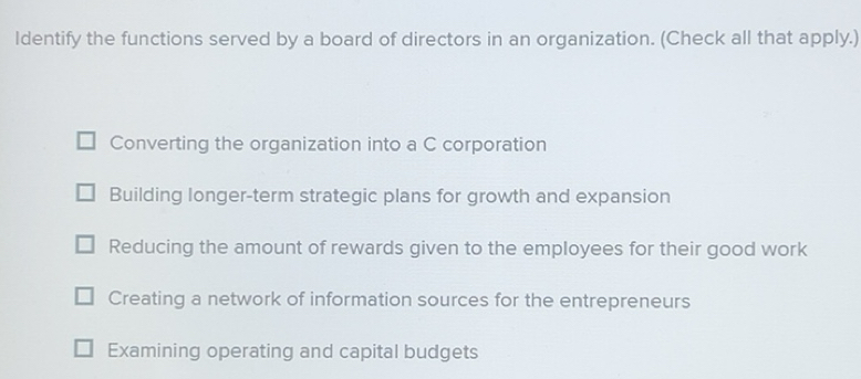 Solved: Identify the functions served by a board of directors in an ...