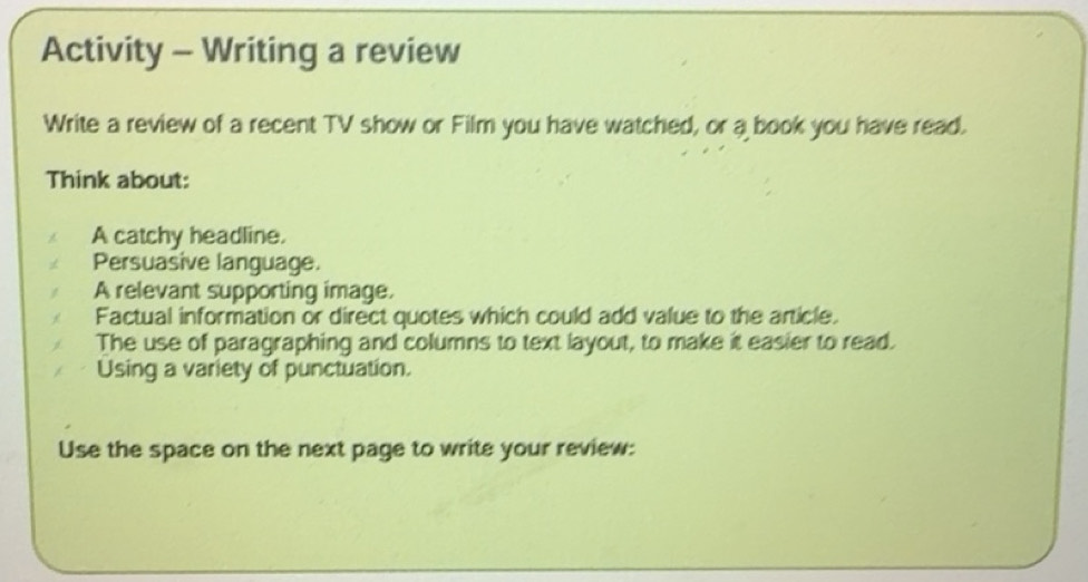 Solved: Activity - Writing a review Write a review of a recent TV show ...