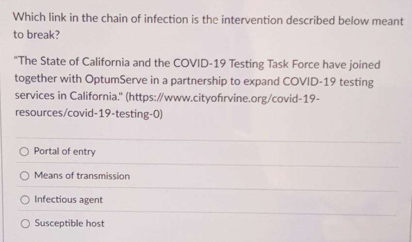 Solved: Which link in the chain of infection is the intervention ...