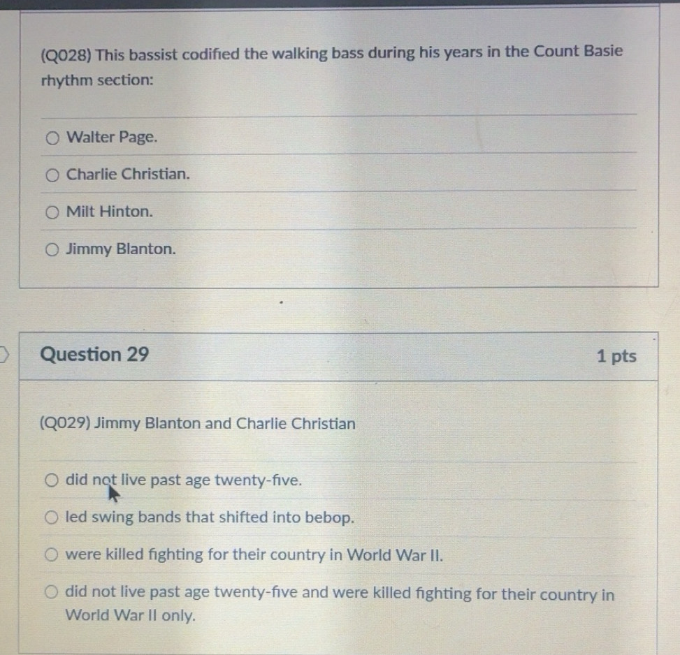 Solved: (Q028) This bassist codified the walking bass during his years in the Count Basie rhythm ...