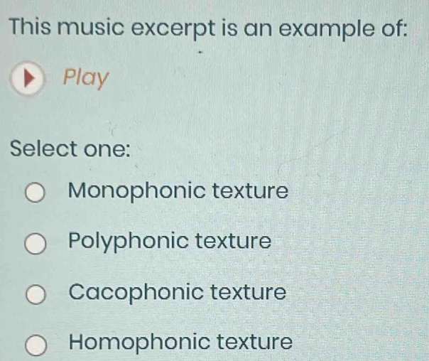 Solved: This music excerpt is an example of: Play Select one ...
