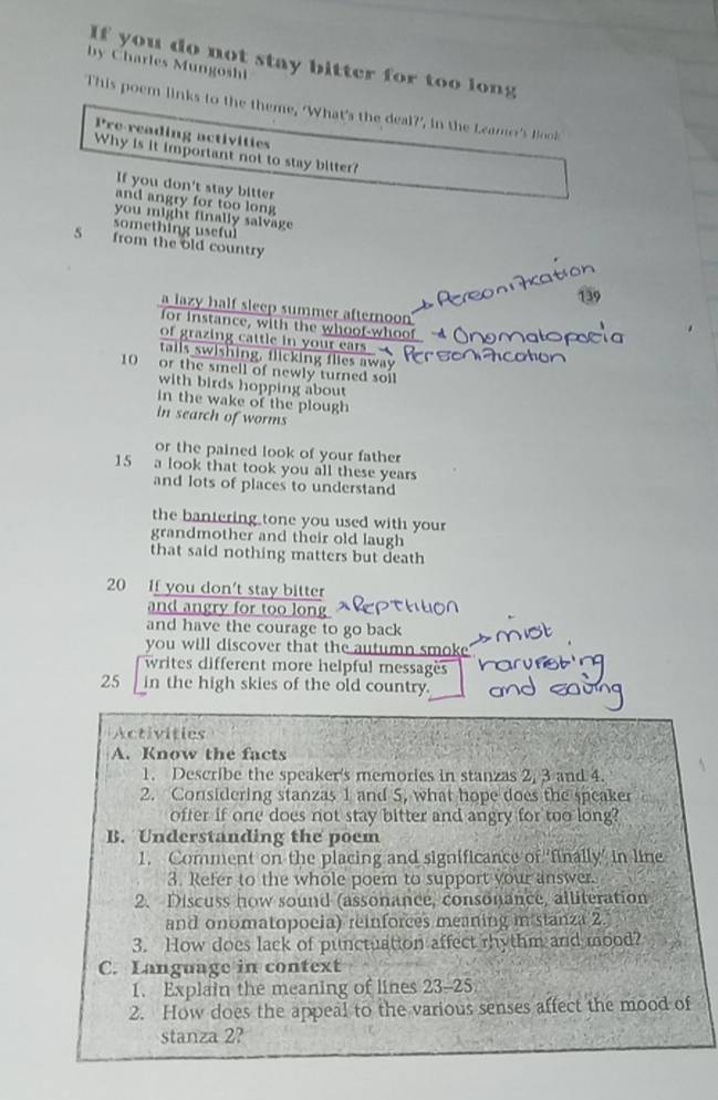 Solved: If you do not stay bitter for too long by Charles Mungoshi This ...