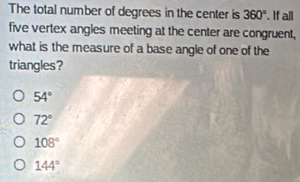 Solved: The total number of degrees in the center is 360°. If all five ...