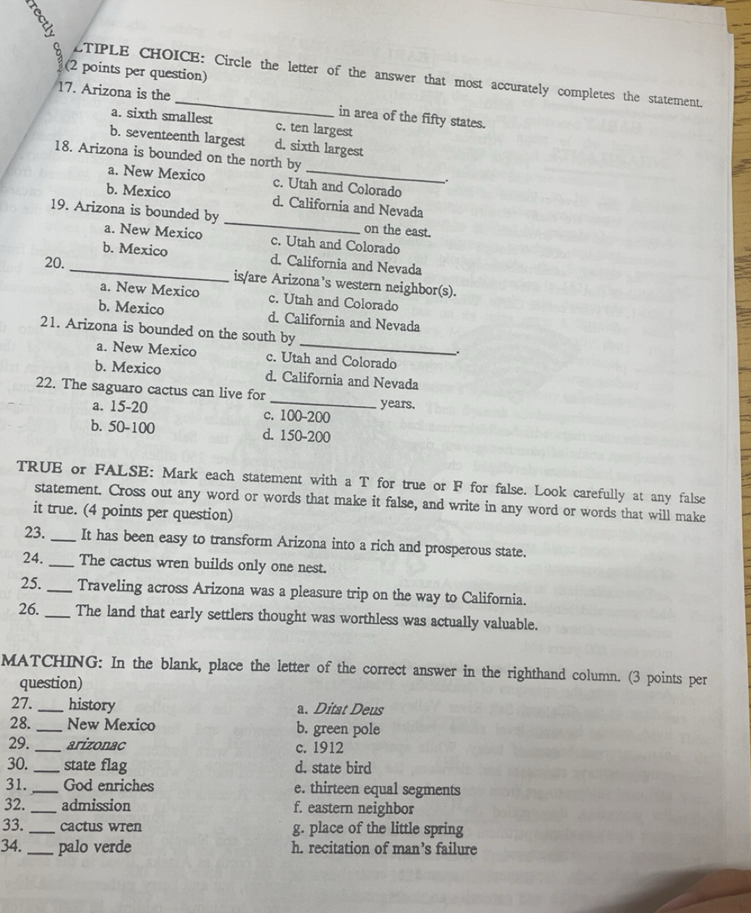 Solved: (2 points per question) LTIPLE CHOICE: Circle the letter of the ...