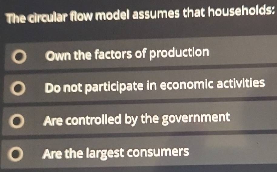 Solved: The circular flow model assumes that households: Own the ...