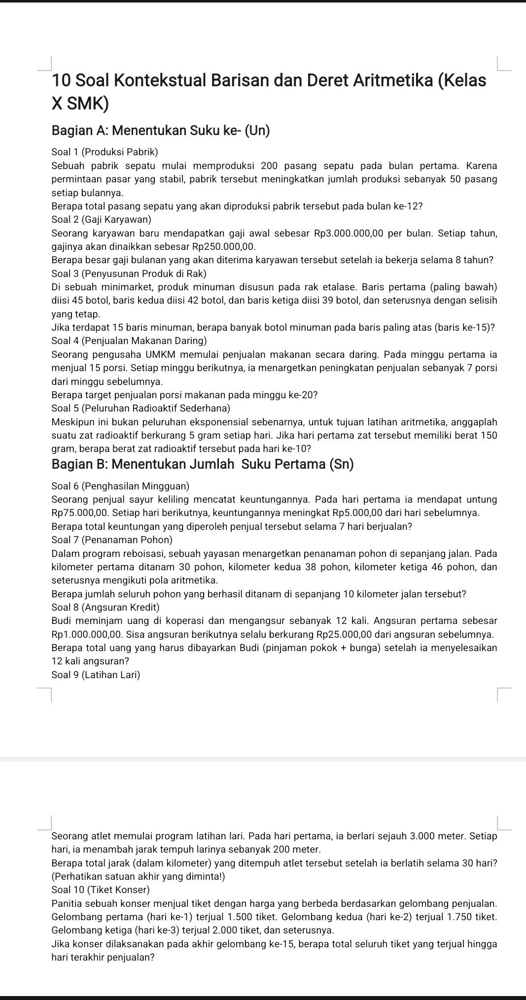 Telah dijawab:Soal Kontekstual Barisan dan Deret Aritmetika (Kelas X ...