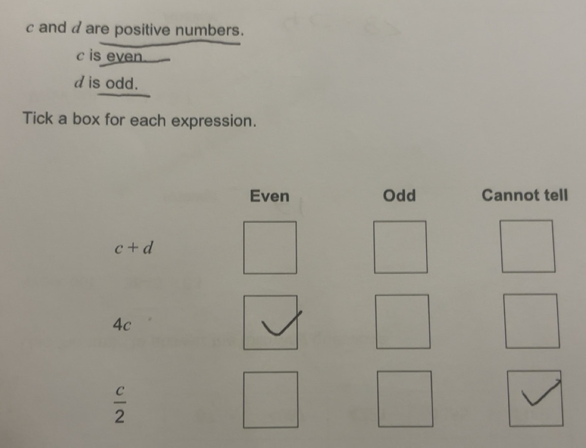 Solved: c and a are positive numbers. c is even. dis odd. Tick a box ...