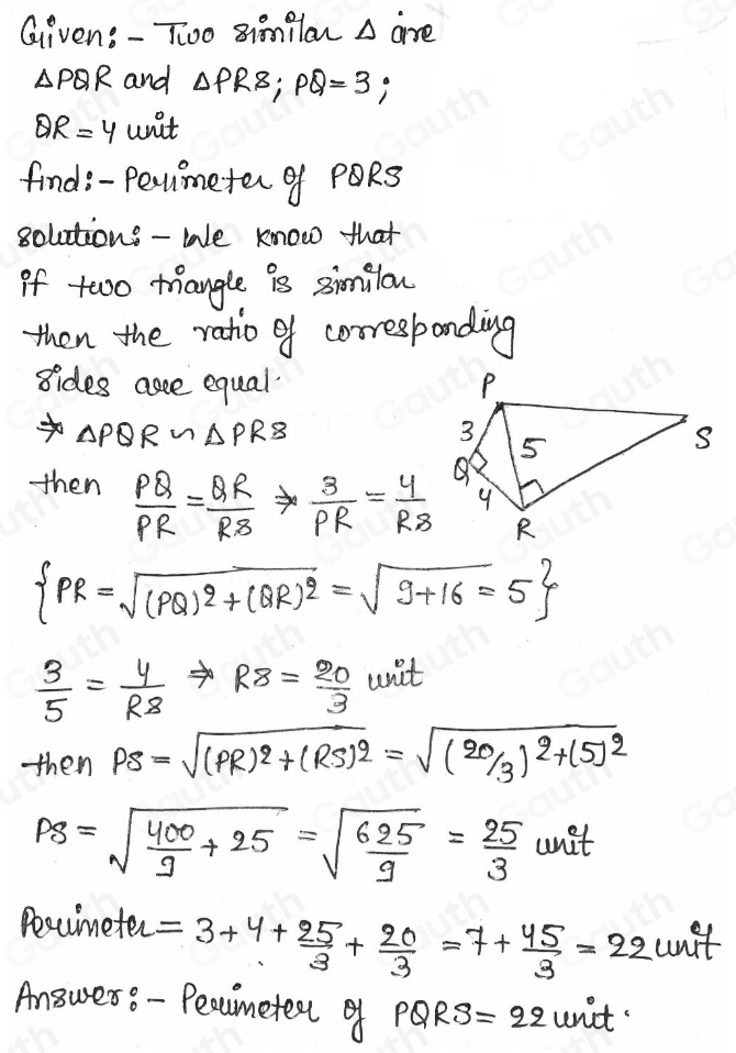 Solved: The diagram shows a quadrilateral PQRS made from two similar right-angled triangles, PQR ...