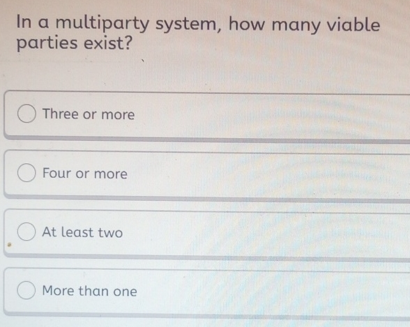 Solved: In a multiparty system, how many viable parties exist? Three or ...