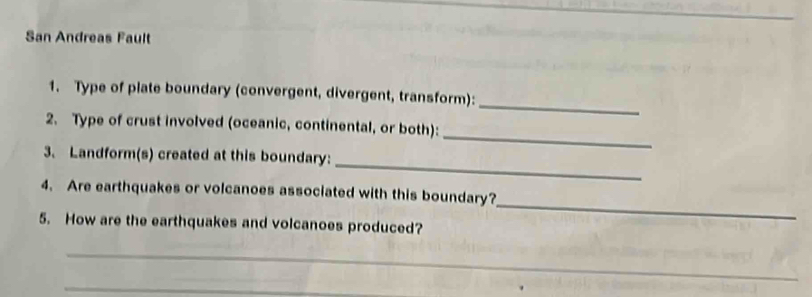 Solved San Andreas Fault 1 Type Of Plate Boundary Convergent Divergent Transform 2