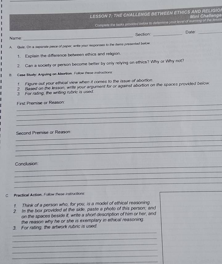 Solved: LESSON 7: THE CHALLENGE BETWEEN ETHICS AND RELIGIO Mini ...