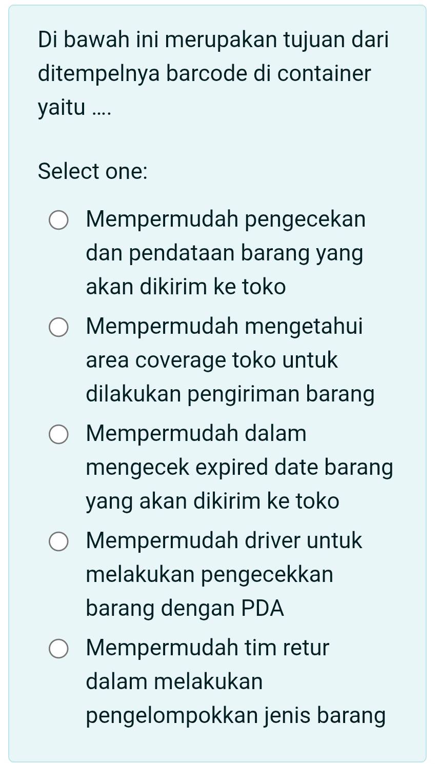 Telah dijawab:Di bawah ini merupakan tujuan dari ditempelnya barcode di ...