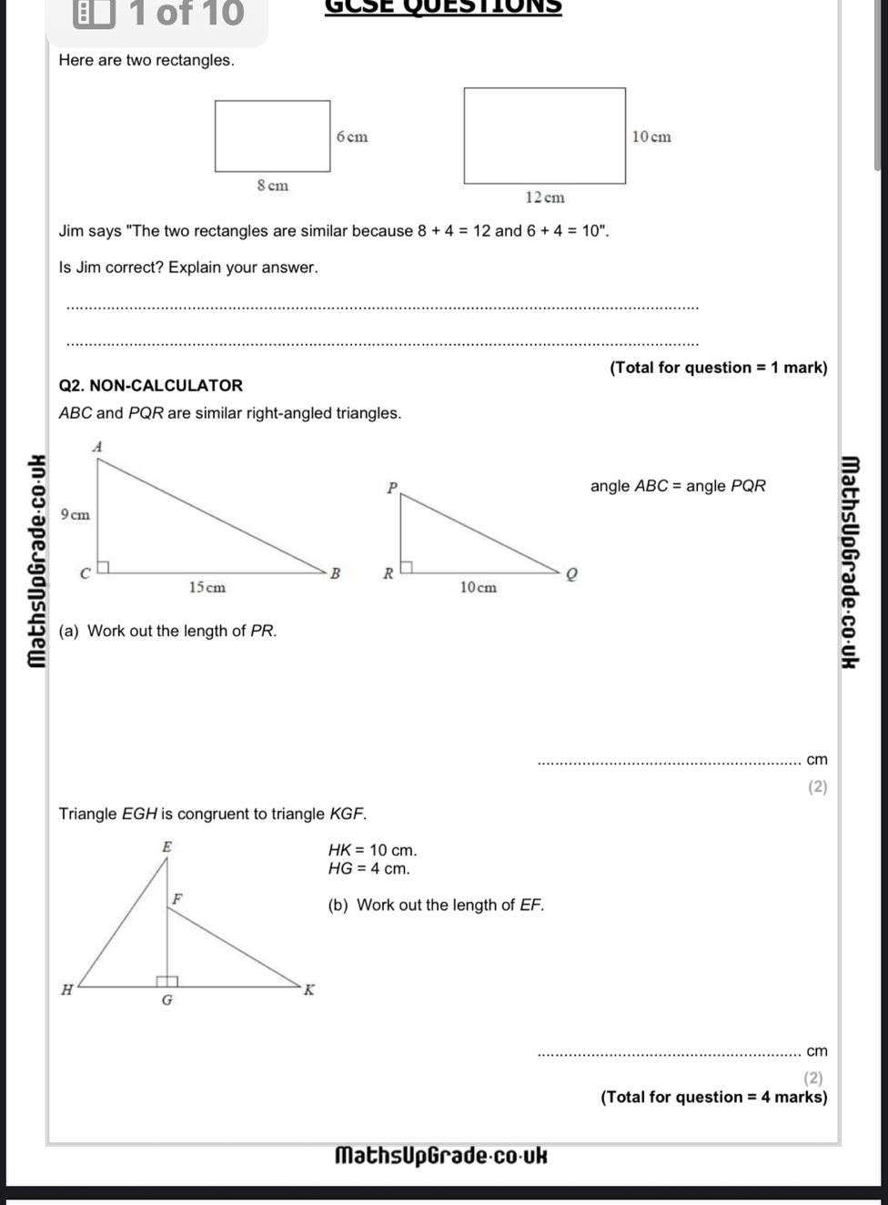 Solved: of 10 GCse Questions Here are two rectangles. Jim says "The two ...
