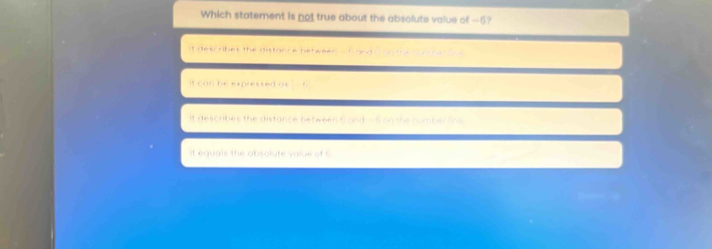 Solved: Which statement is not true about the absolute value of —6? It ...