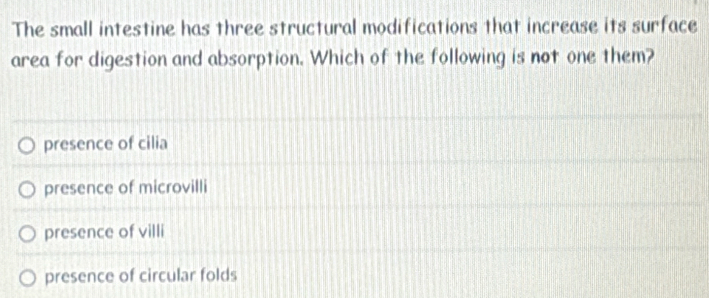 Solved: The small intestine has three structural modifications that ...
