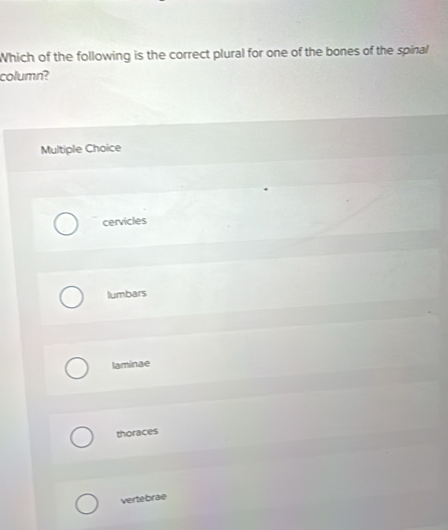 Solved: Which of the following is the correct plural for one of the ...