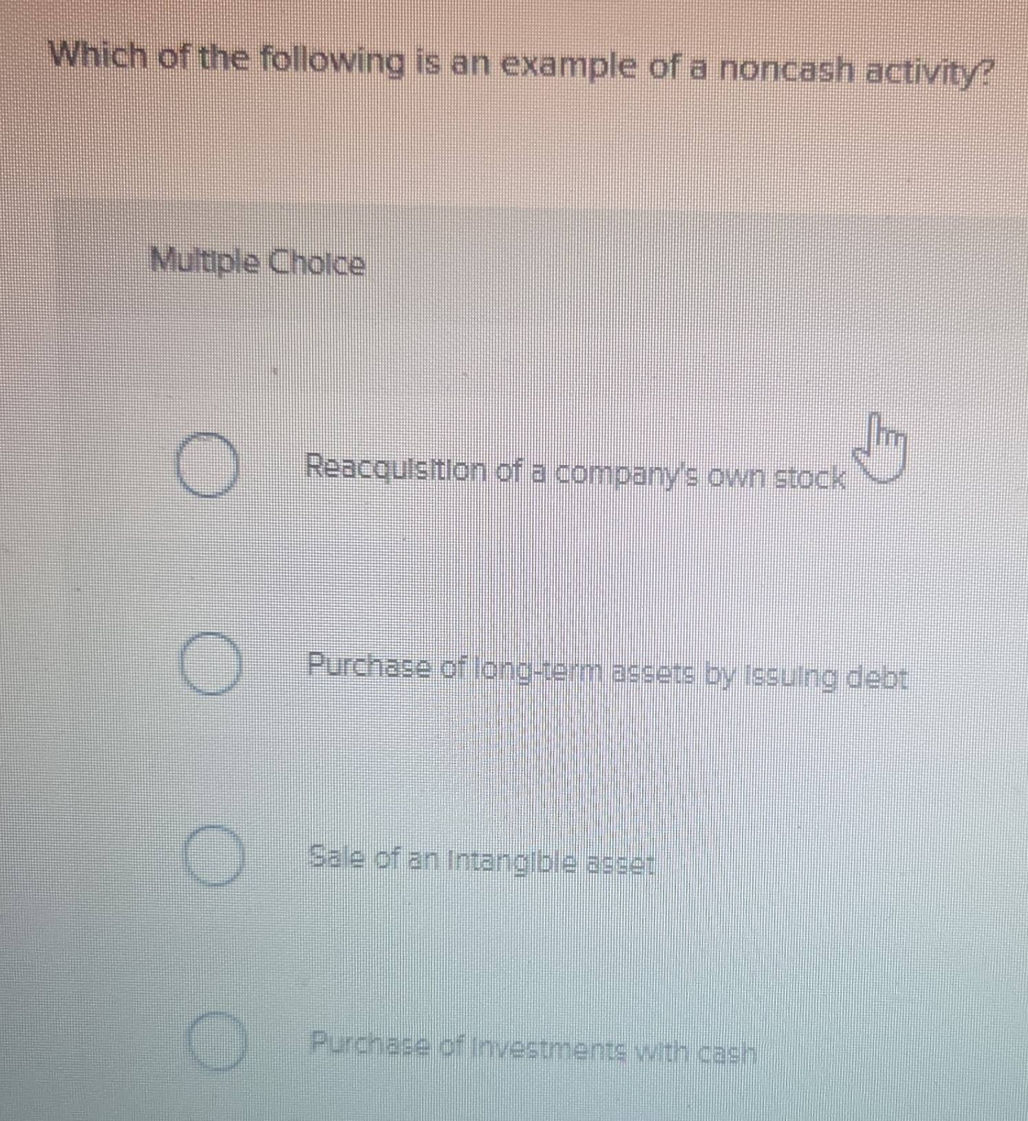 Solved: Which of the following is an example of a noncash activity ...