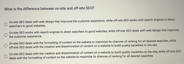 Solved: What is the difference between on-site and off-site SEO? On ...