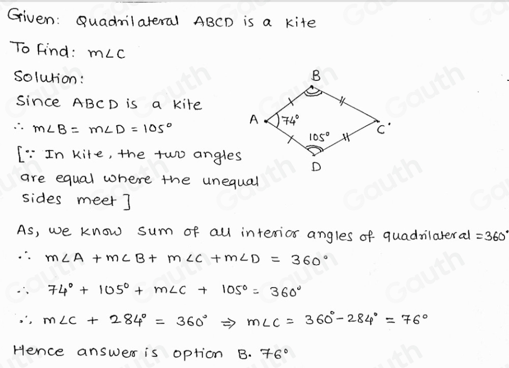 Solved: If quadrilateral ABCD is a kite , what is m ? A. 75° C. 77° B. 76° D. 78° [Math]