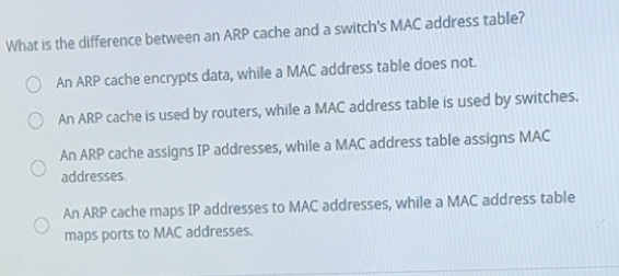 Solved: What is the difference between an ARP cache and a switch's MAC address table? An ARP ...