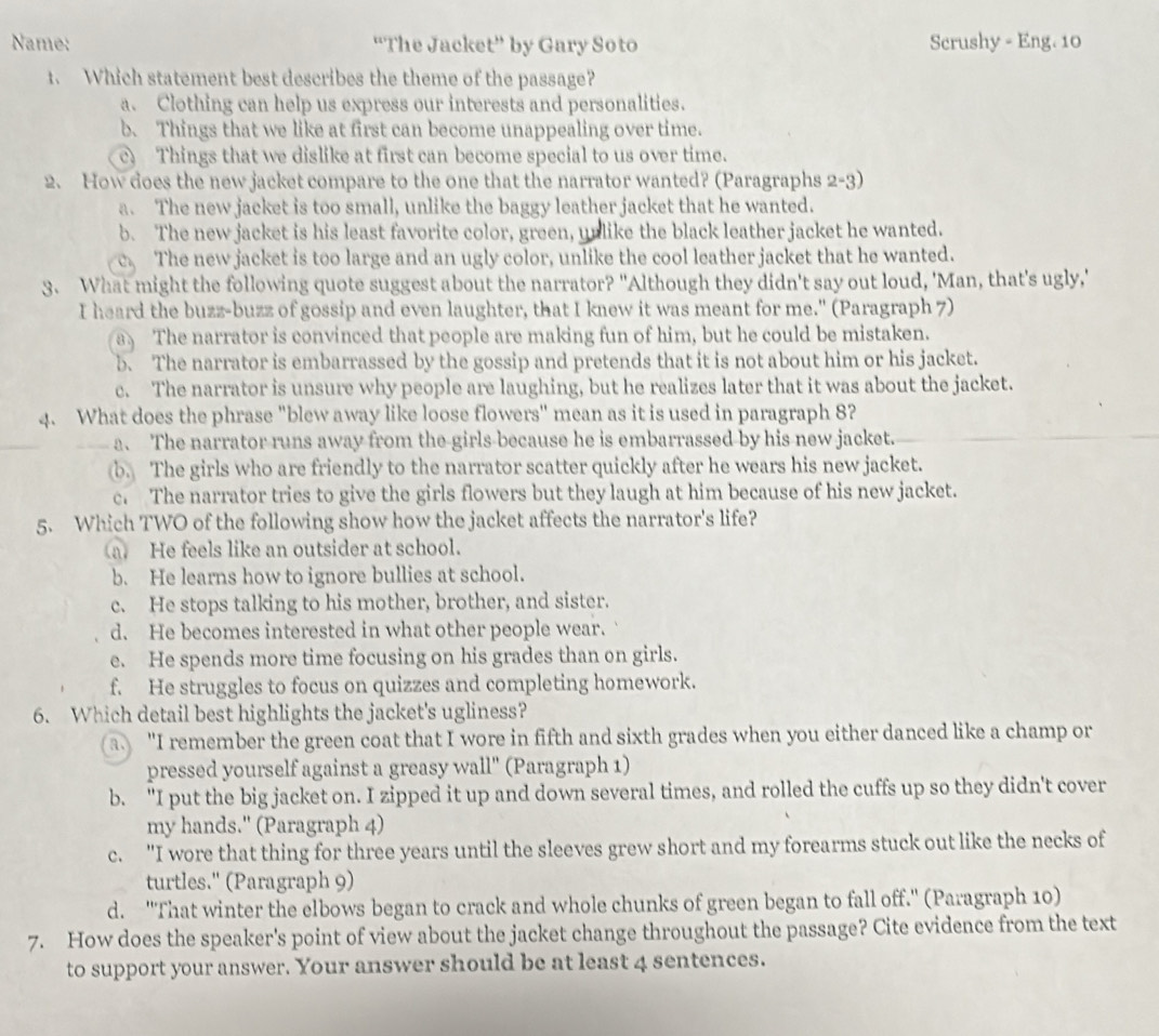 Solved: Name: “The Jacket” by Gary Soto Scrushy - Eng. 10 1. Which ...