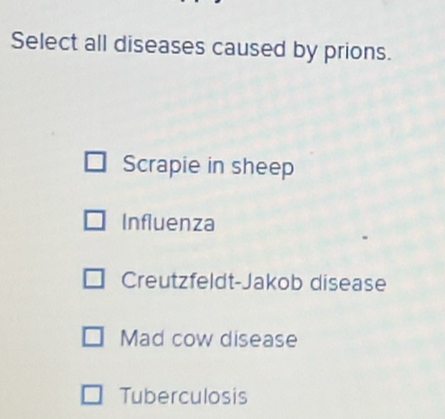 Solved: Select all diseases caused by prions. Scrapie in sheep ...