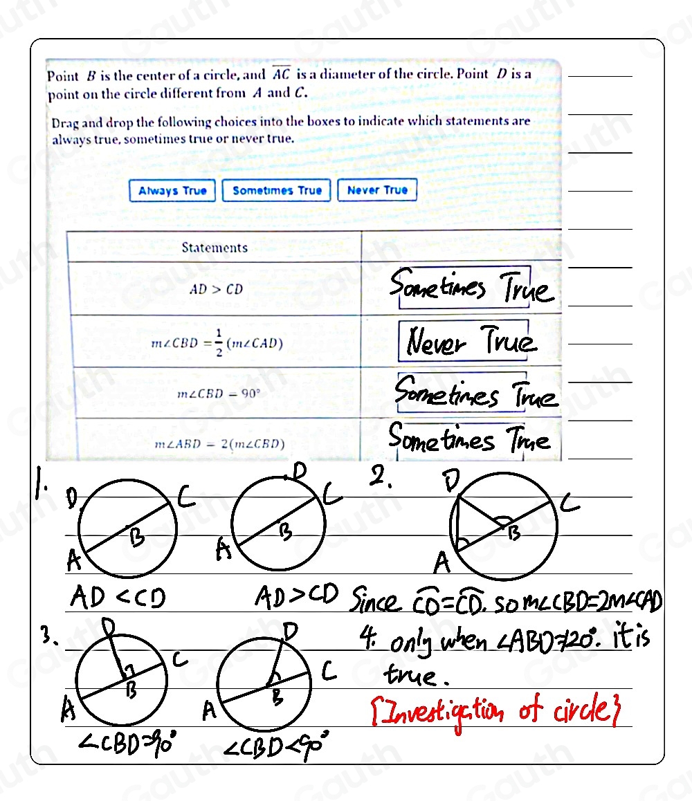 Solved: Point B is the center of a circle, and overline AC is a diameter of the circle. Point D ...