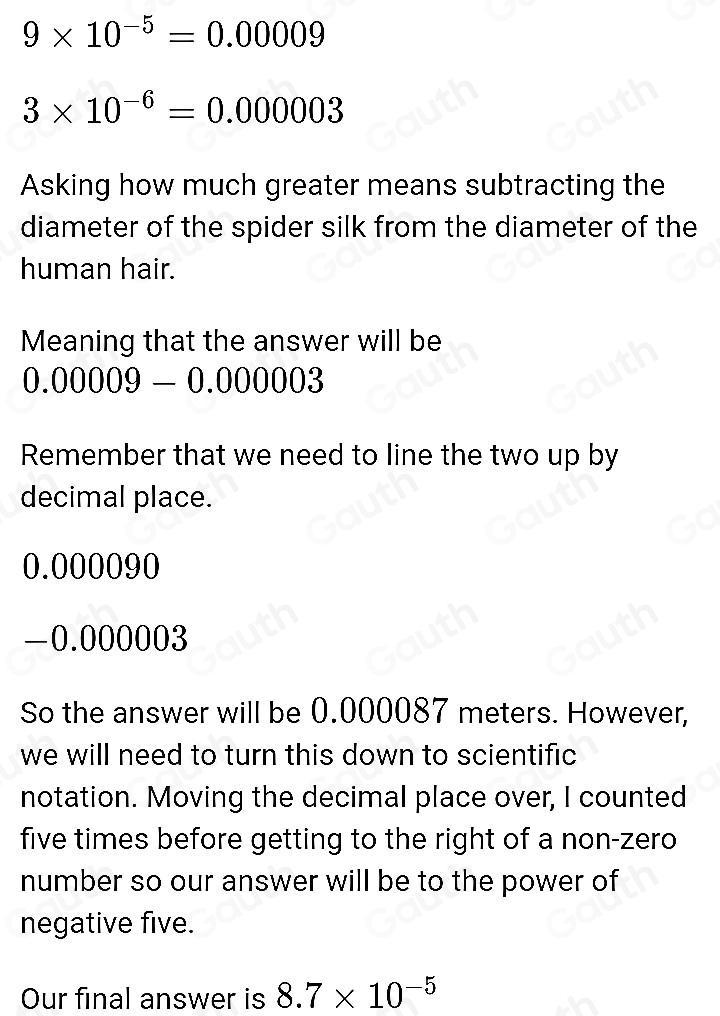 Solved: The diameter of a human hair is 9· 10^(-5)meters. . The ...