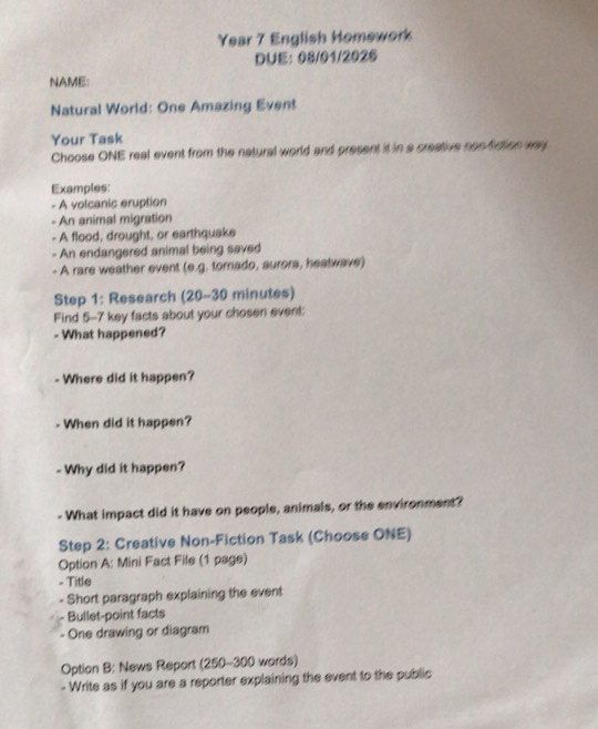 Solved: Year 7 English Homework DUE: 08/01/2026 NAME: Natural World ...