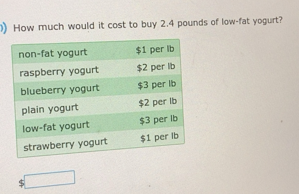Solved: How much would it cost to buy 2.4 pounds of low-fat yogurt? c ...