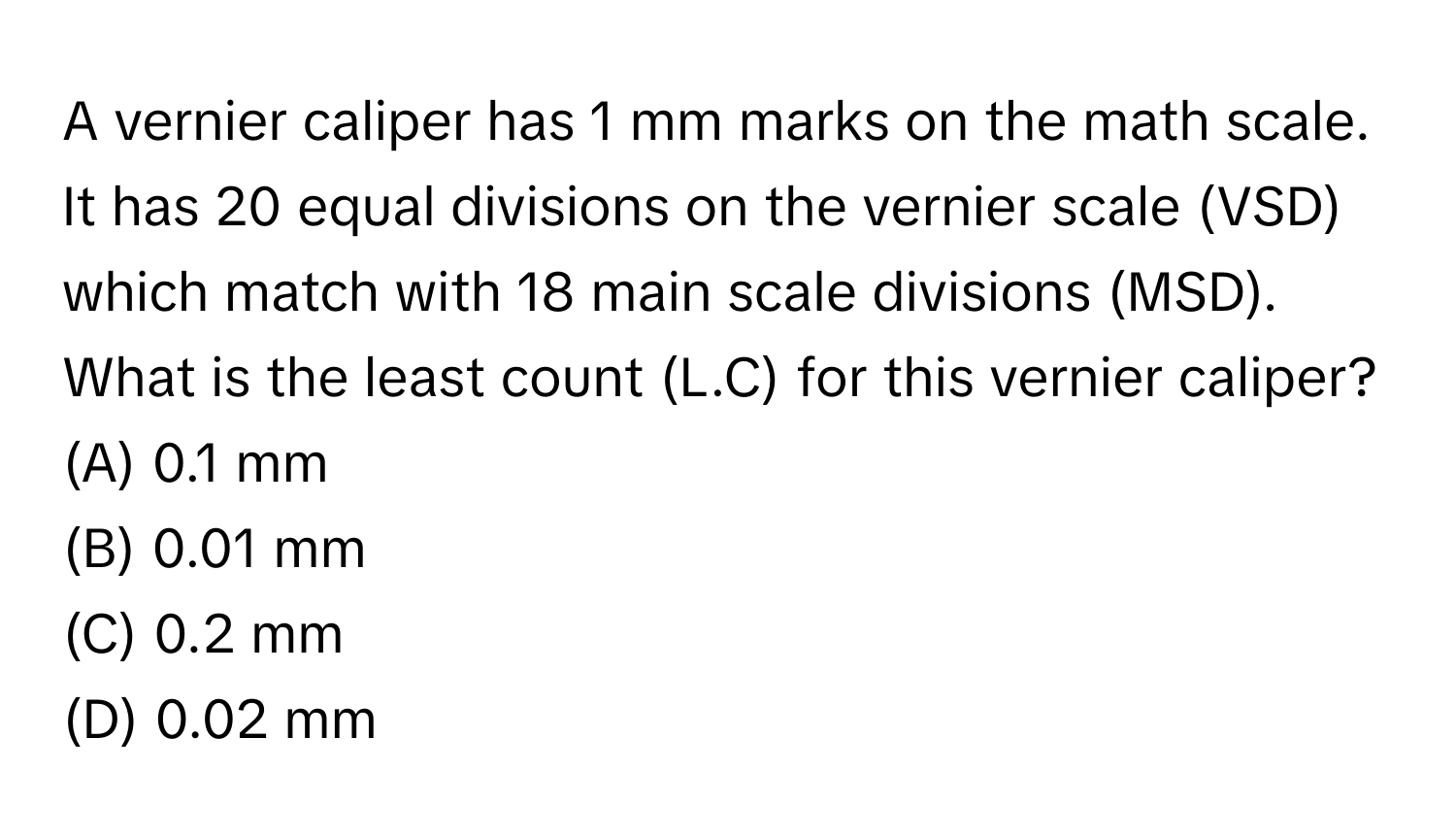 Solved: A vernier caliper has 1 mm marks on the math scale. It has 20 ...