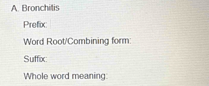 Solved: Bronchitis Prefix: Word Root/Combining form: Suffix: Whole word ...