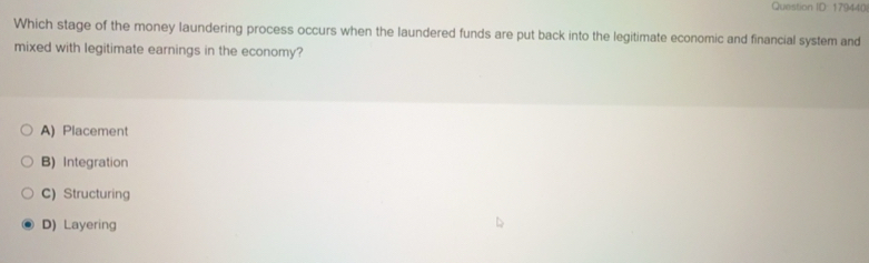 Solved: Question ID: 179440| Which stage of the money laundering ...
