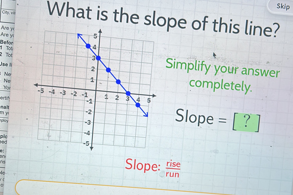 Solved: Skip City, vill What is the slope of this line? Are y Are y ...