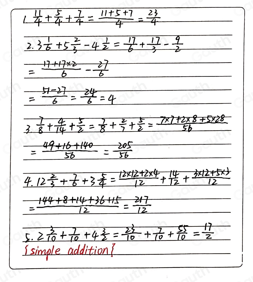 Solved: A Add the following fraction and simplify your answer. 1. 11/4 ...