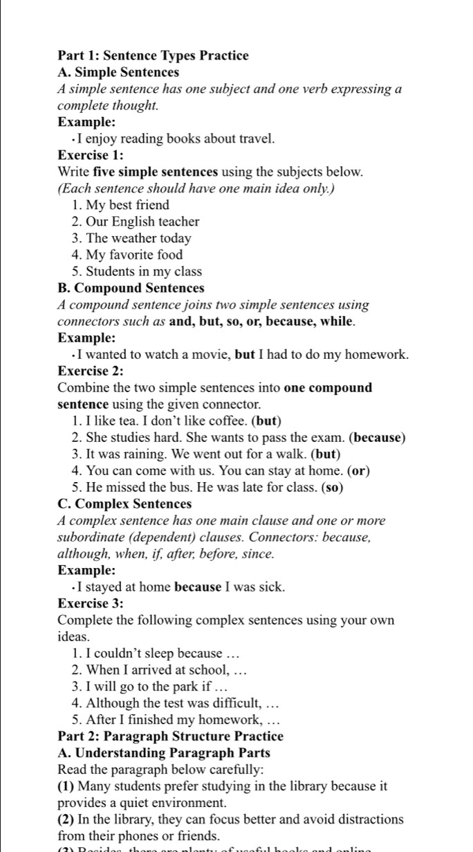 Giải quyết:Sentence Types Practice A. Simple Sentences A simple ...