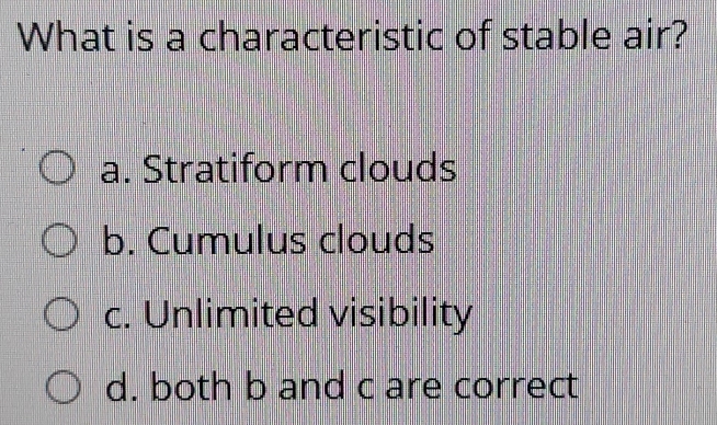Solved: What is a characteristic of stable air? a. Stratiform clouds b ...