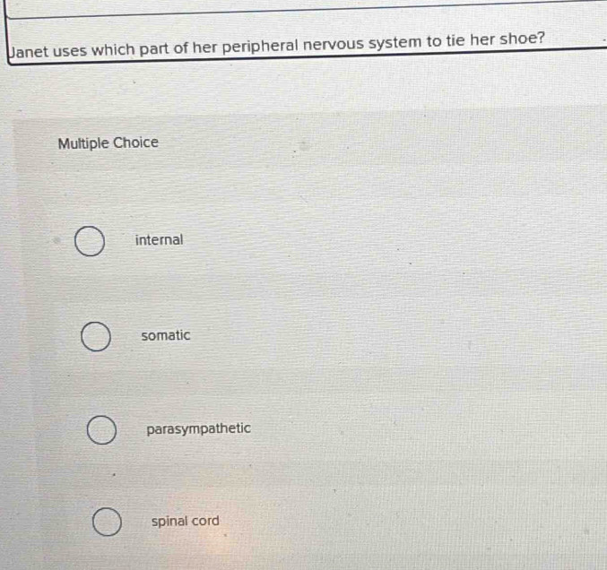 Solved: Janet uses which part of her peripheral nervous system to tie ...